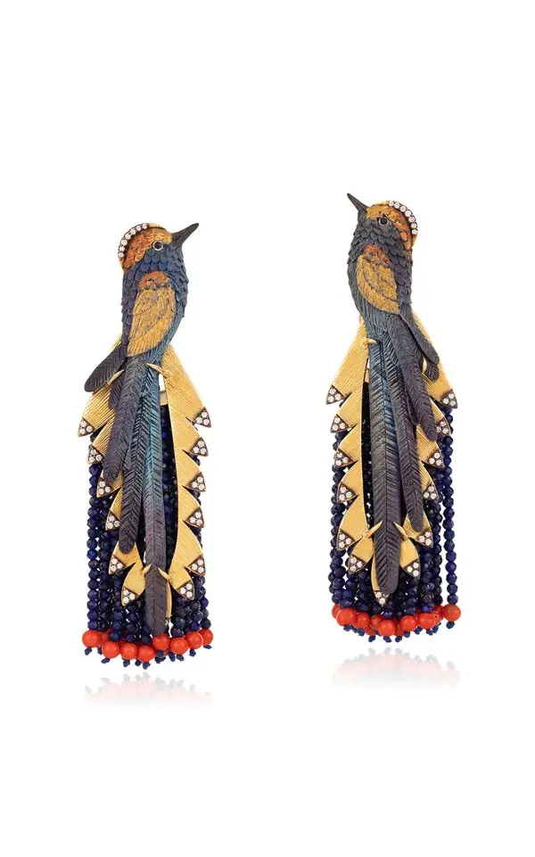 SILVIA FURMANOVICH 18k Yellow Gold Ceramic Bird-shaped Long Tail Earrings With Blue, Diamond And Lapis Lazuli - Neutral