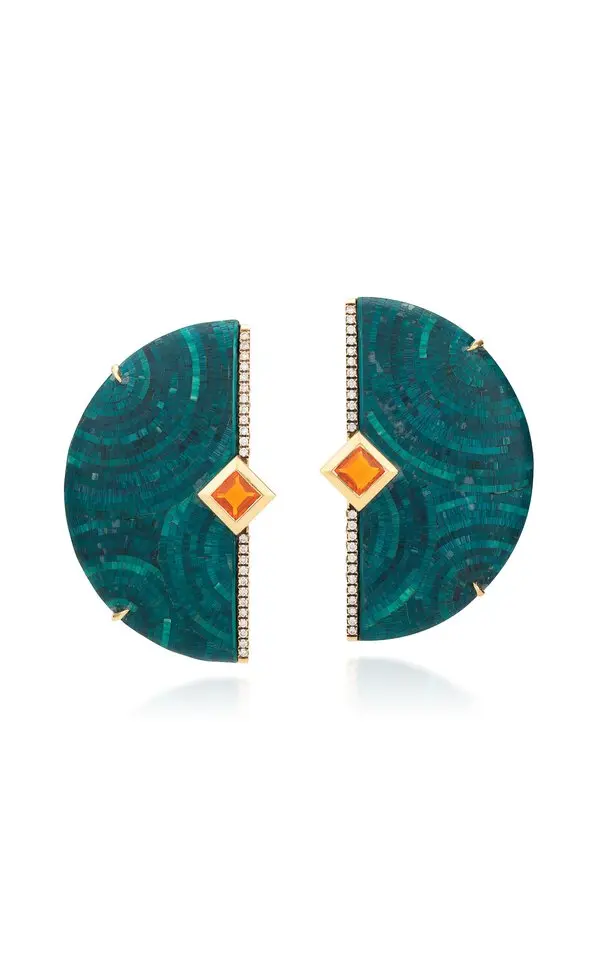 SILVIA FURMANOVICH 18k Yellow Gold Half Moon Shaped Wooden Earrings With Wheat Straw Fiber, Diamond And Fire Opal - Green