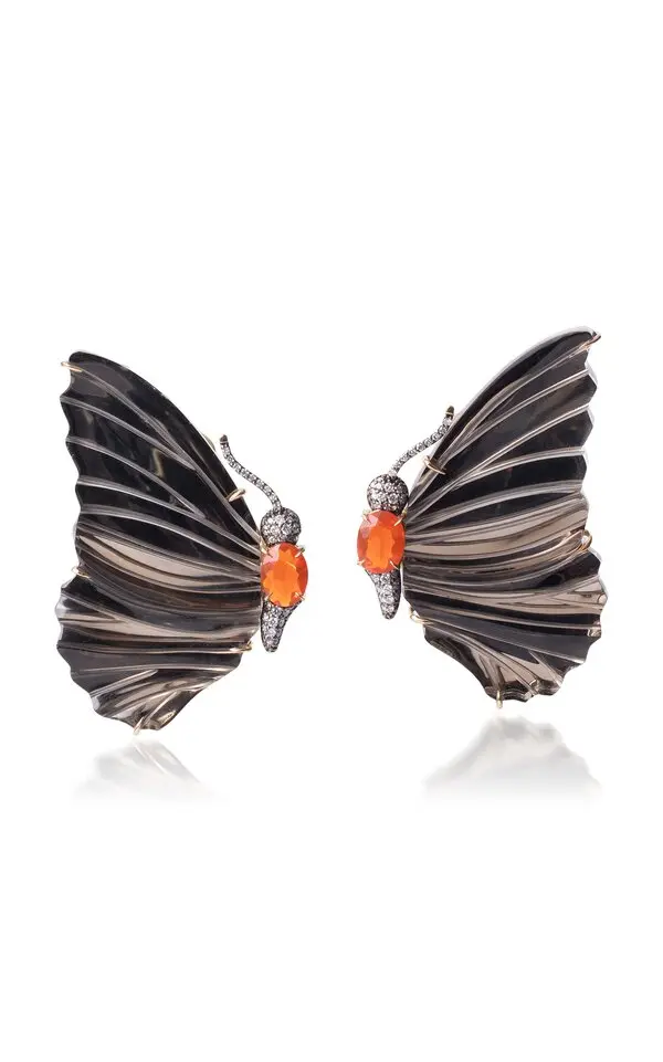 SILVIA FURMANOVICH 18k Yellow Gold Butterfly Shaped Mirror Earrings With Diamond And Fire Opal - Multi