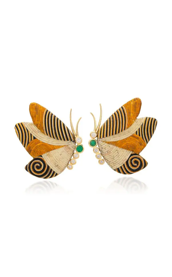 SILVIA FURMANOVICH 18k Yellow Gold Butterfly Shaped Wooden Earrings With Wheat Straw Fiber, Diamond And Emerald - Multi