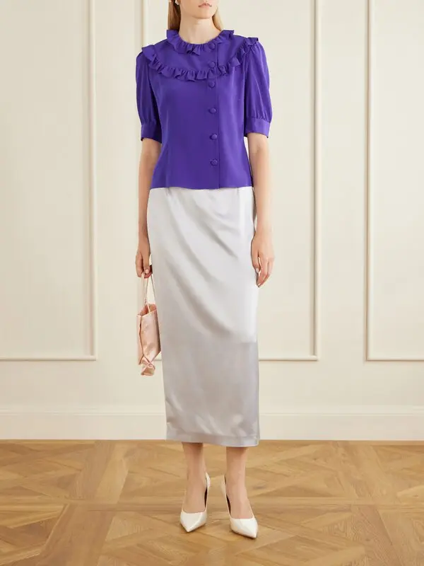 Alessandra Rich Ruffle Collar Puff Sleeve Silk Shirt