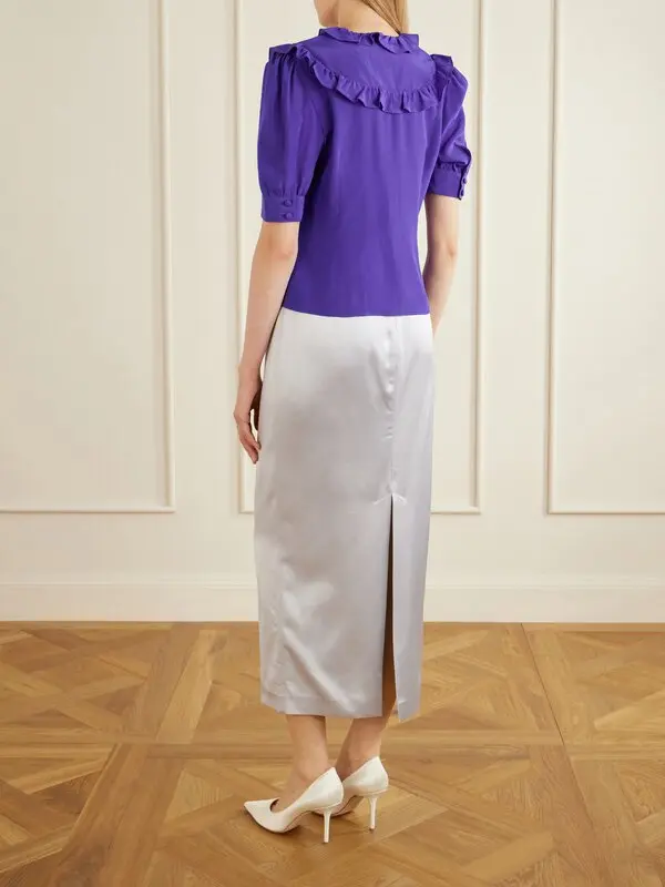 Alessandra Rich Ruffle Collar Puff Sleeve Silk Shirt