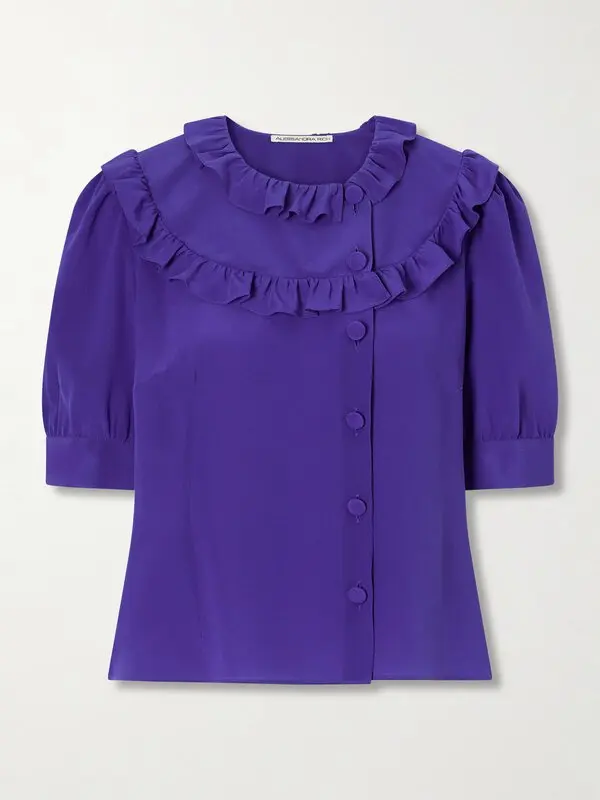 Alessandra Rich Ruffle Collar Puff Sleeve Silk Shirt - Purple