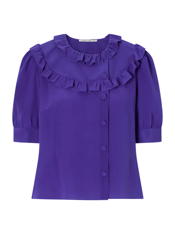 Alessandra Rich Ruffle Collar Puff Sleeve Silk Shirt - Purple
