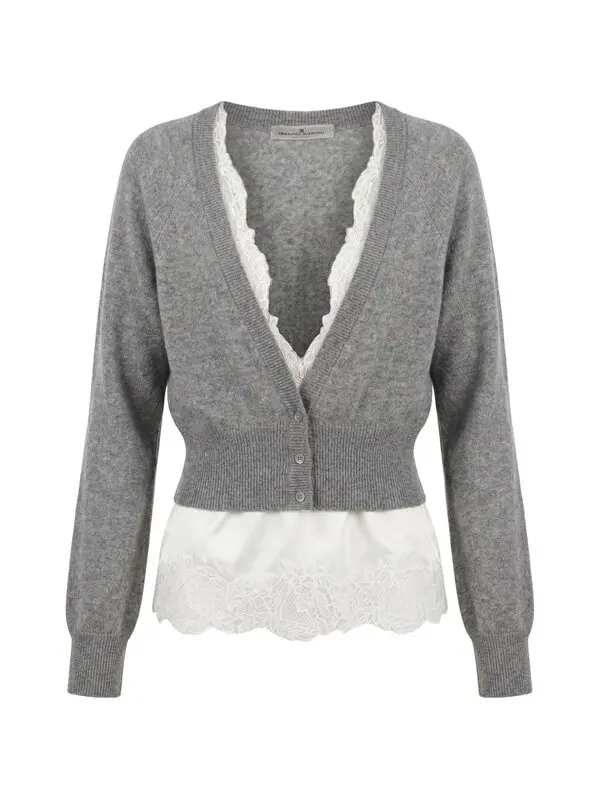 Ermanno Scervino Cashmere Cardigan With Lace Trim - Grey