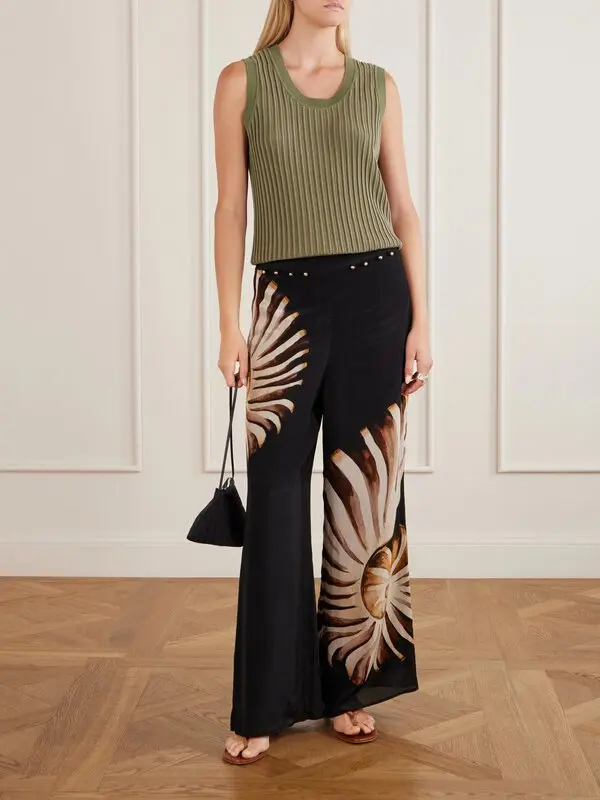 Farm Rio Ammonite Printed Embellished Habotai Wide-leg Pants - Black