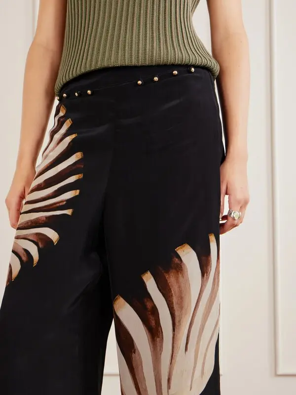 Farm Rio Ammonite Printed Embellished Habotai Wide-leg Pants - Black