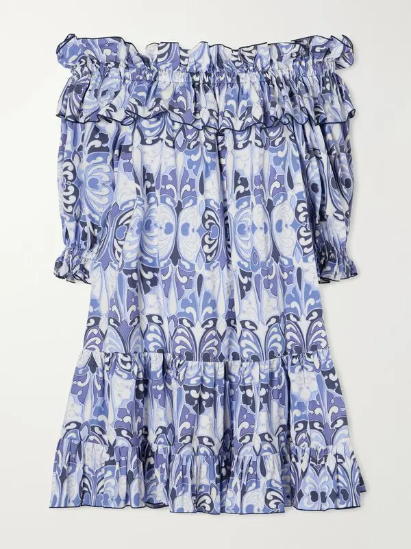 La DoubleJ Breakfast Off-the-shoulder Tiered Printed Cotton Midi Dress - Blue
