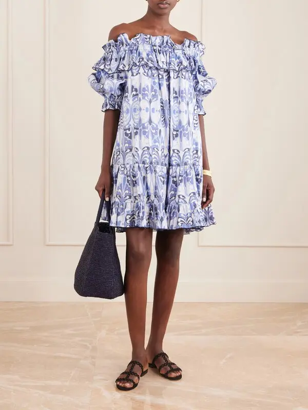 La DoubleJ Breakfast' Tiered Off-the-shoulder Printed Cotton Midi Dress - Blue