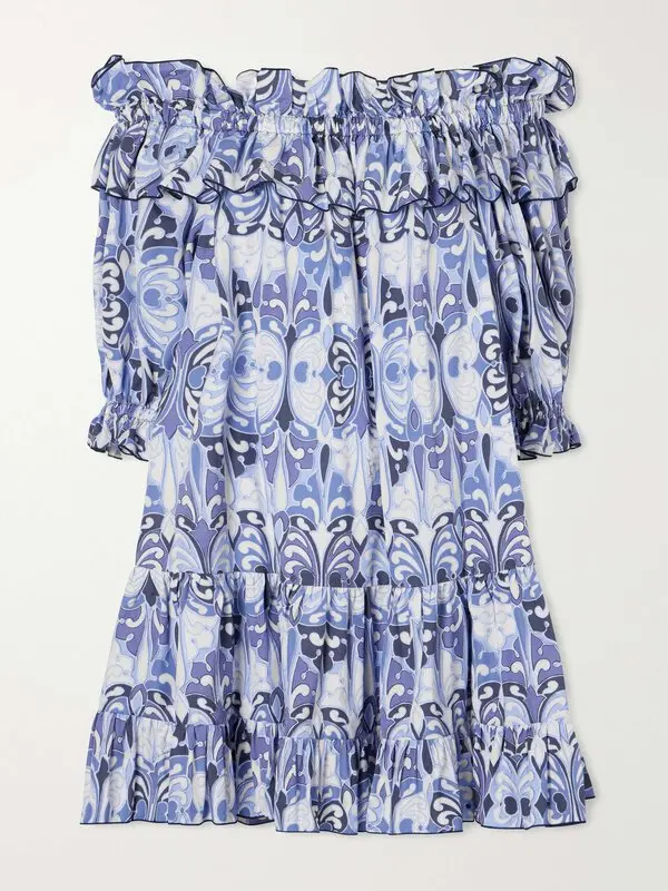 La DoubleJ Breakfast Off-the-shoulder Tiered Printed Cotton Midi Dress - Sky Blue