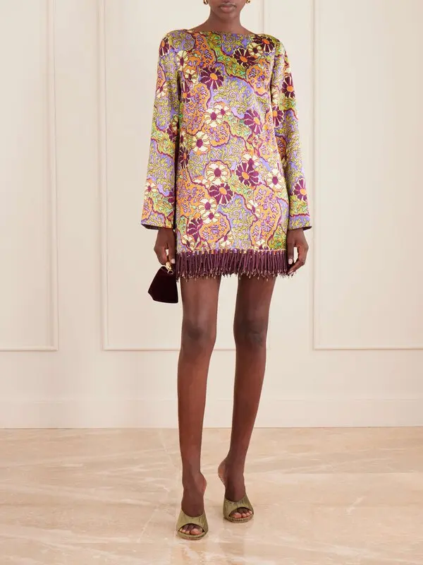 ALEMAIS Floral-print Fringed Satin Mini Dress