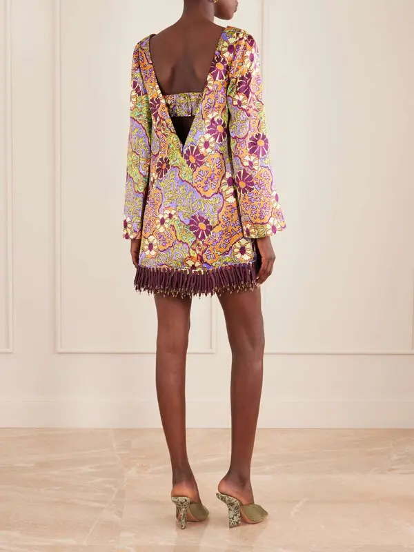 ALEMAIS Floral-print Fringed Satin Mini Dress