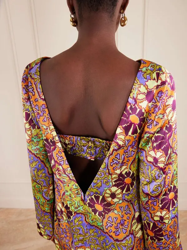 ALEMAIS Floral-print Fringed Satin Mini Dress