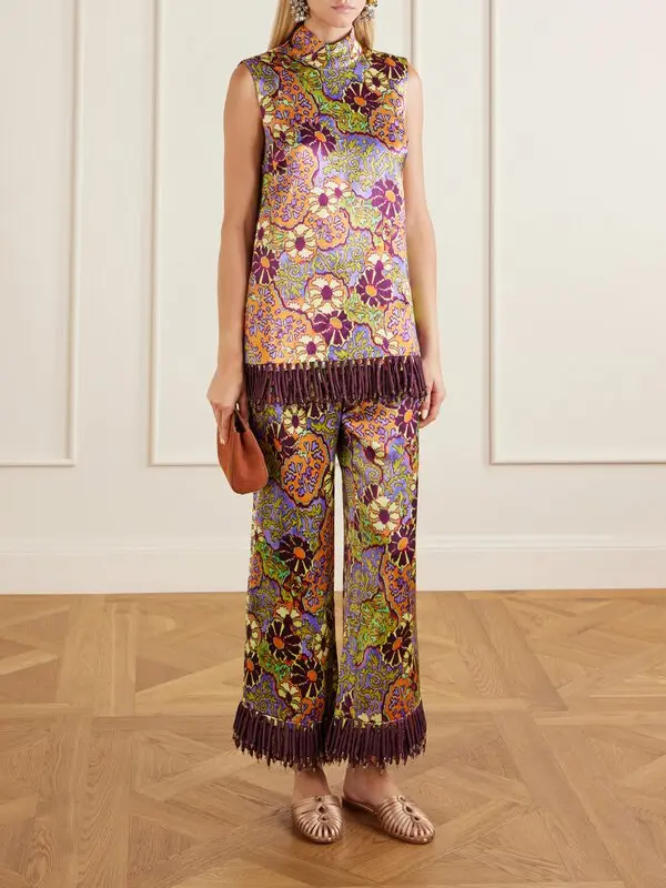 ALEMAIS Joanna Printed Satin Wide-leg Pants With Fringe