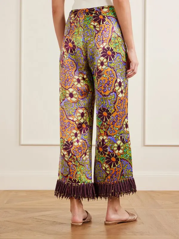 ALEMAIS Joanna Printed Satin Wide-leg Pants With Fringe