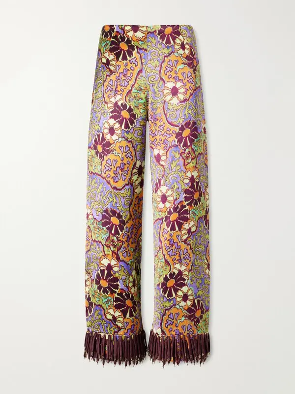 ALEMAIS Joanna Printed Satin Wide-leg Pants With Fringe - Purple