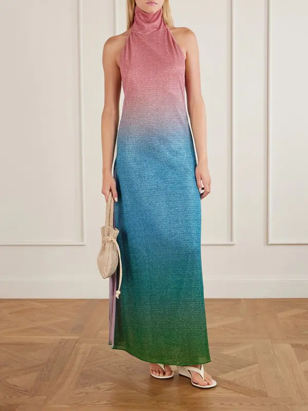 Oseree Ombré Metallic Stretch-knit Halterneck Maxi Dress - Multi