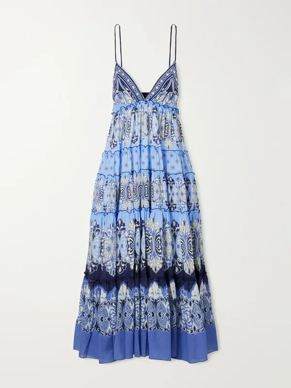 La DoubleJ Nymph Tiered Printed Cotton Maxi Dress - Blue