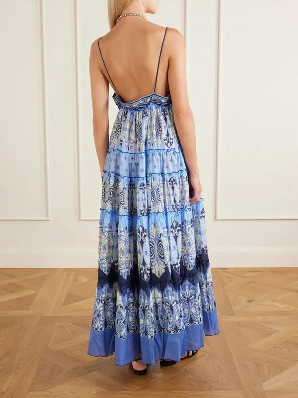 La DoubleJ Nymph Tiered Printed Cotton Maxi Dress - Blue