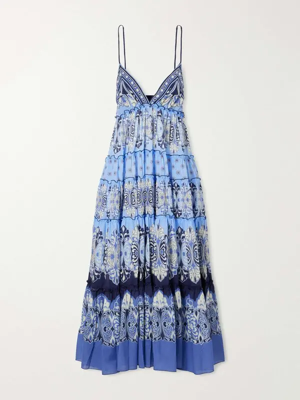 La DoubleJ Nymph Tiered Printed Cotton Maxi Dress - Light Blue