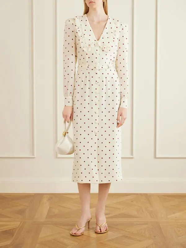 Alessandra Rich Belted Polka-dot Silk-crepe Midi Dress
