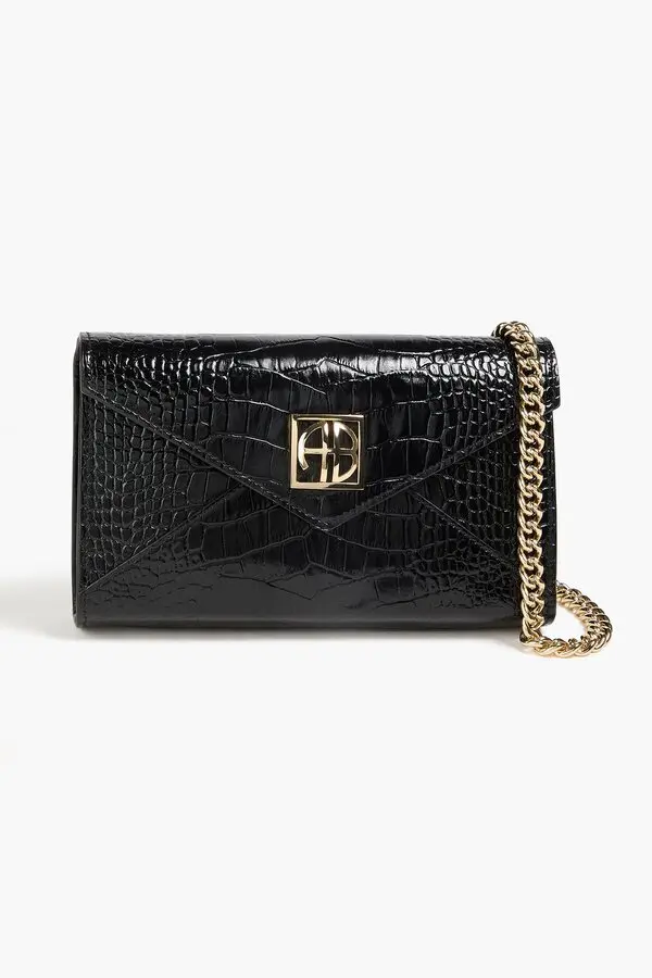 ANINE BING Elly Croceffect Leather Envelope Clutch - Black