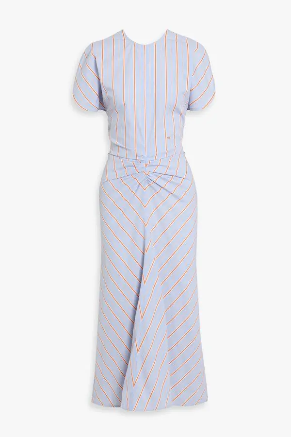 Victoria Beckham Gathered Striped Cottonpoplin Midi Dress - Light Blue