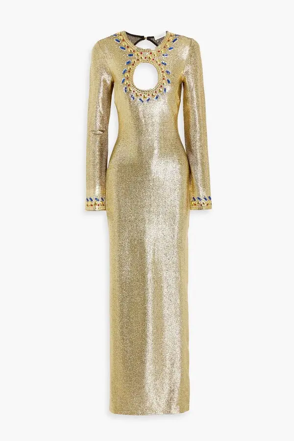 Rabanne Cutout Embellished Metallic Stretchjersey Maxi Dress - Gold