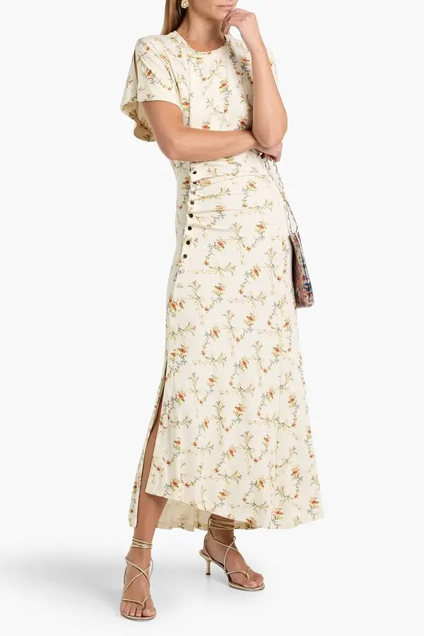 Rabanne Ruched Floralprint Jersey Maxi Dress