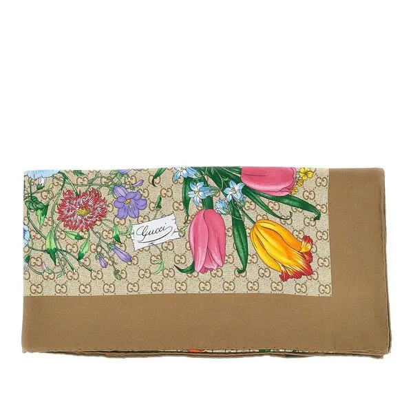 Gucci Silk Twill Scarf With Flora Print - Beige