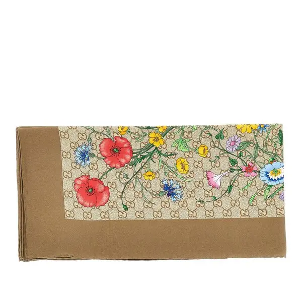 Gucci Silk Twill Scarf With Flora Print - Beige