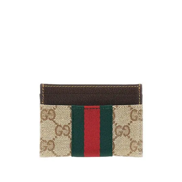Gucci Gg Fabric Card Holder With Web Ribbon - Beige
