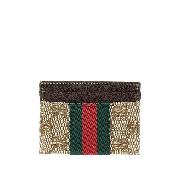Gucci Gg Fabric Card Holder With Web Ribbon - Beige