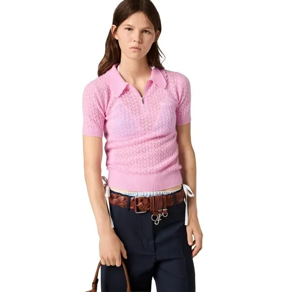Miu Miu Cashmere And Silk Knit Polo Shirt With Crochet Trim
