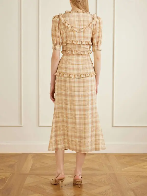 Alessandra Rich Ruffled Checked Silk Midi Dress