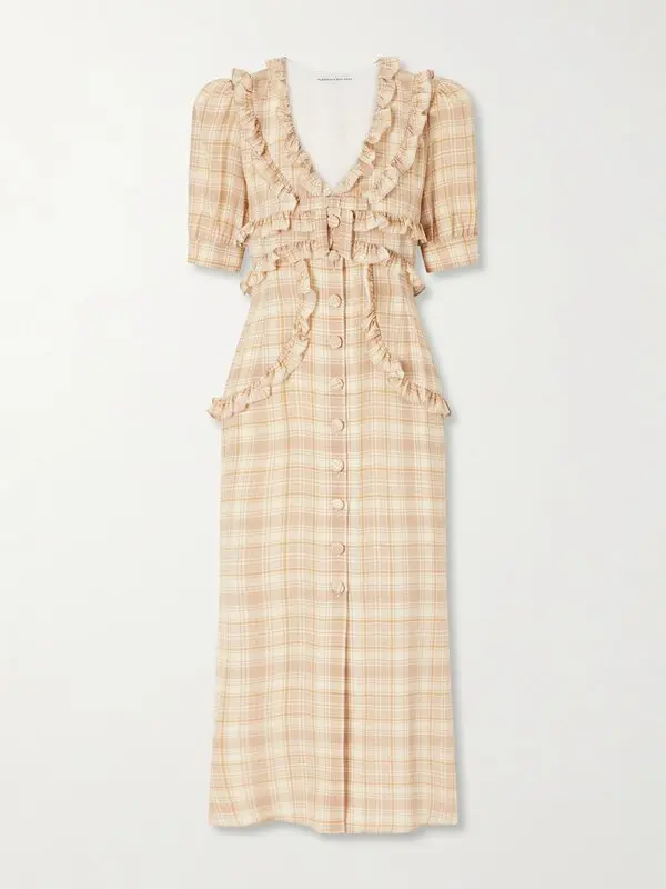 Alessandra Rich Checked Silk Midi Dress - Neutrals