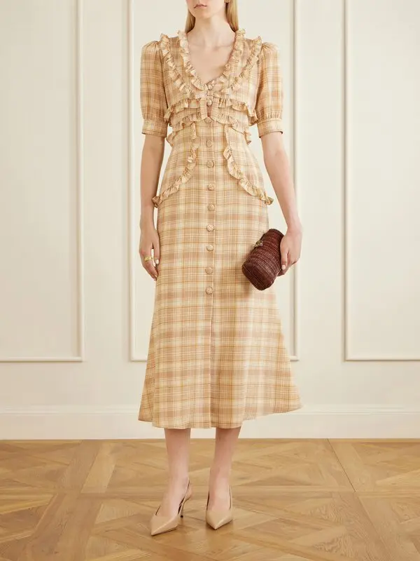 Alessandra Rich Checked Silk Midi Dress With Ruffles