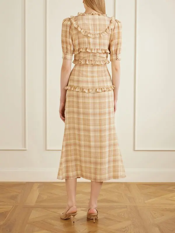 Alessandra Rich Checked Silk Midi Dress With Ruffles