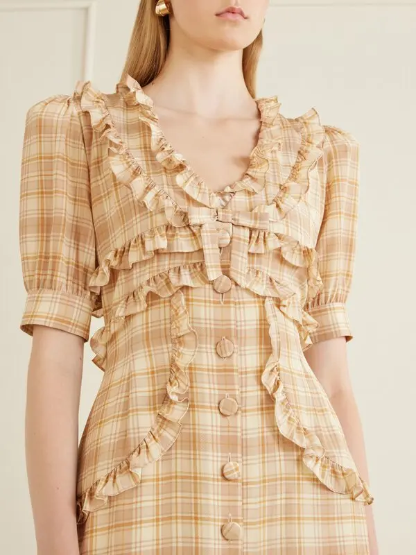 Alessandra Rich Checked Silk Midi Dress With Ruffles