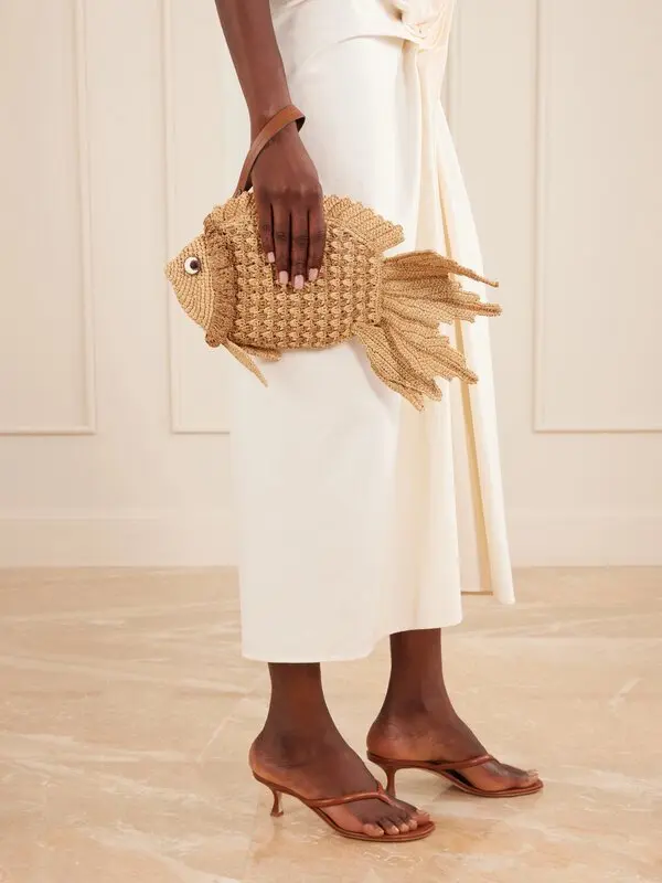 ANYA HINDMARCH Fish Raffia And Leather-trimmed Clutch
