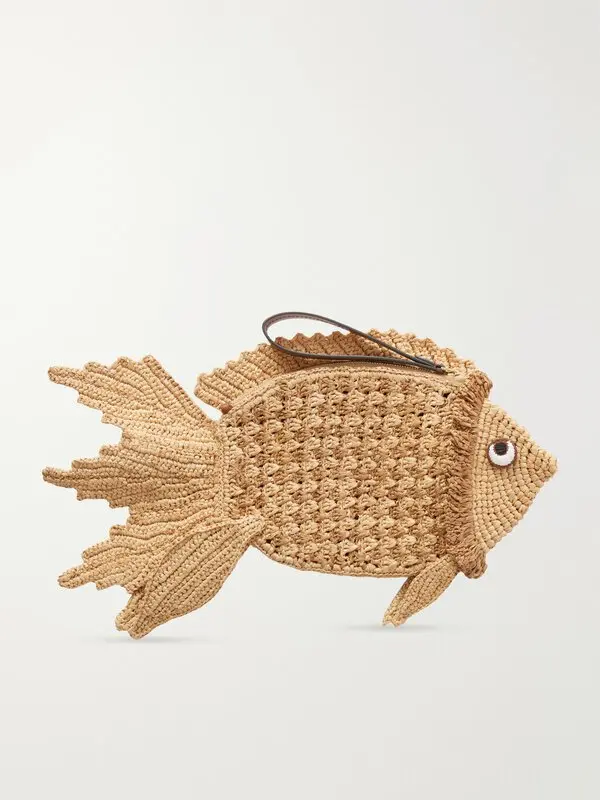 ANYA HINDMARCH Fish Raffia And Leather-trimmed Clutch