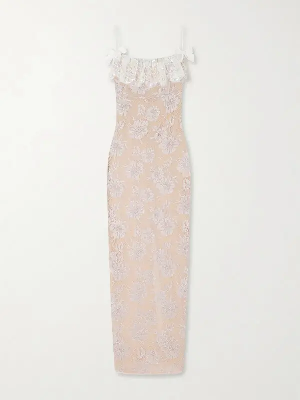 Alessandra Rich Lace And Sequins Embroidered Gown With Bow Detail - Purple
