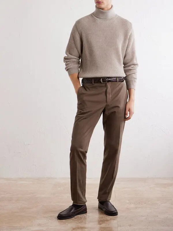 SLOWEAR Tapered Pleated Stretch-cotton Gabardine Suit Trousers