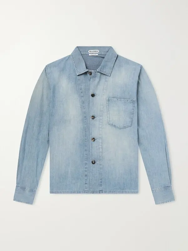 JW Anderson Slant Logo-appliquéd Panelled Denim Shirt - Blue