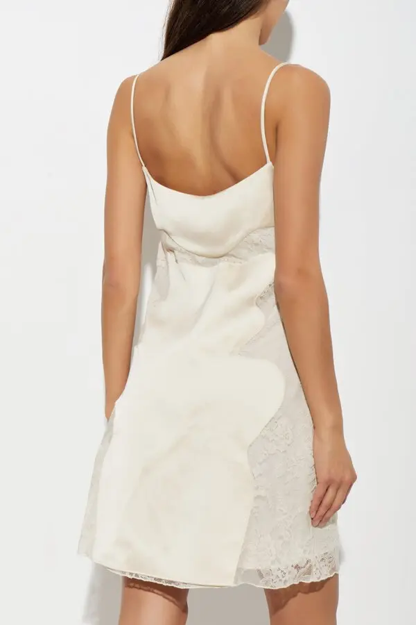 Off-White Satin Mini Dress With Lace Inserts