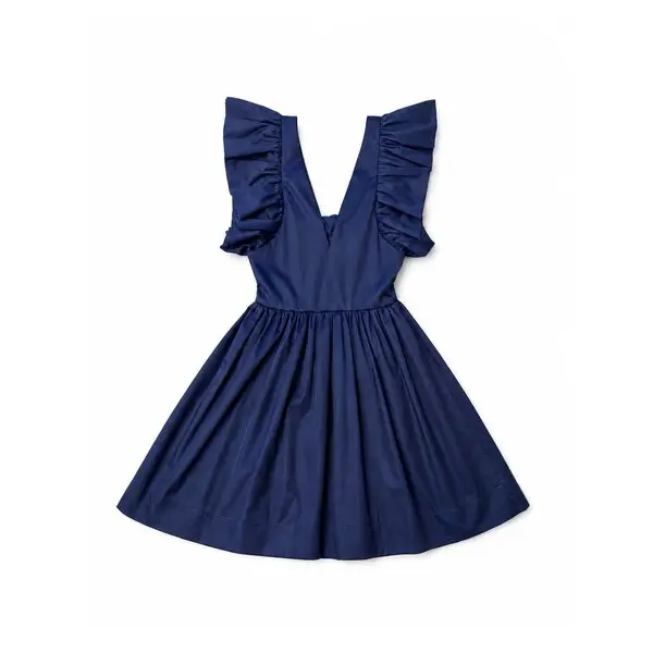 ELFIE Louise Navy Cotton Dress With Oversized Ruffle Sleeves
