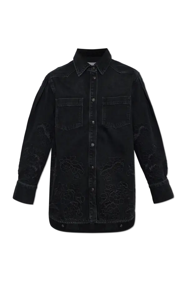 GANNI Denim Shirt With Floral Motif - Black