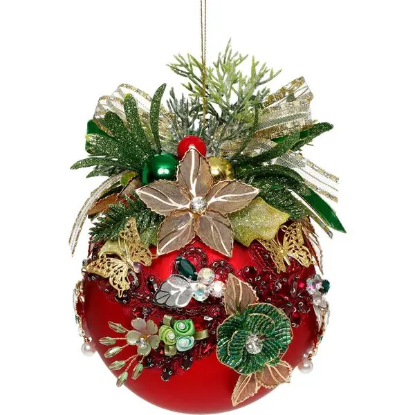 MARK ROBERTS Floral Jeweled Ball Ornament - Red
