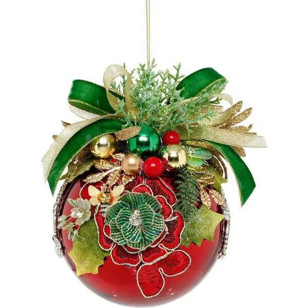 MARK ROBERTS Floral Jeweled Ball Ornament, Shiny - Red