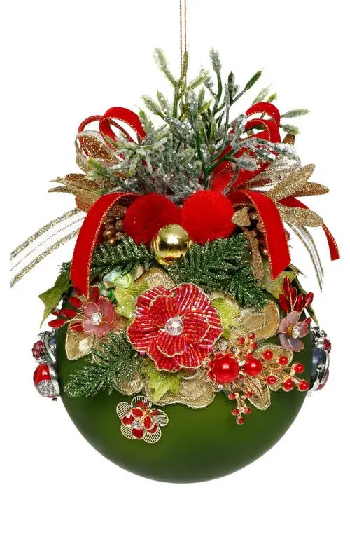 MARK ROBERTS Floral Jeweled Ball Ornament - Olive Green